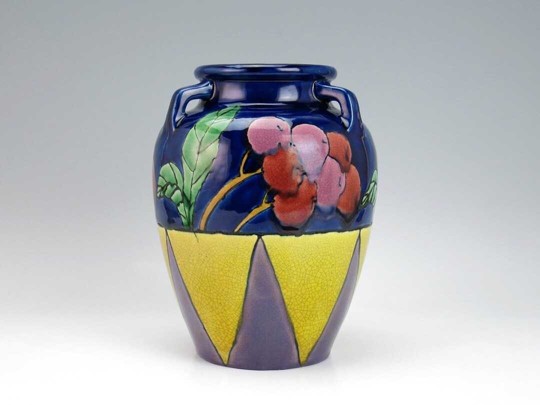 Awaji Pottery Art Deco Three Handled Vase - Cobalt With Crackle ...