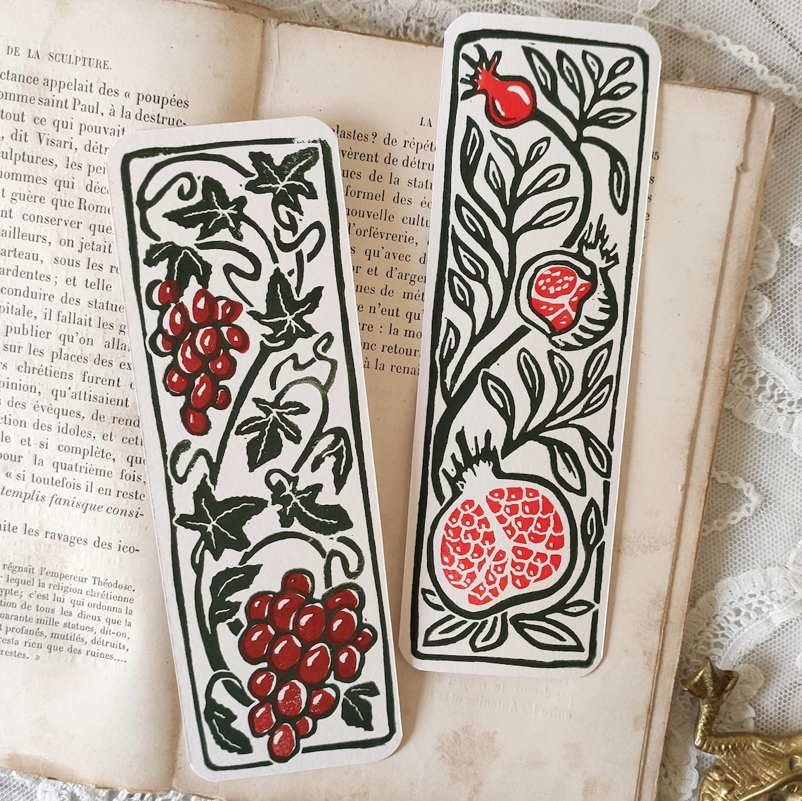 2x Bookmarks "pomegranate and Grapes" Linocut Floral Print William ...
