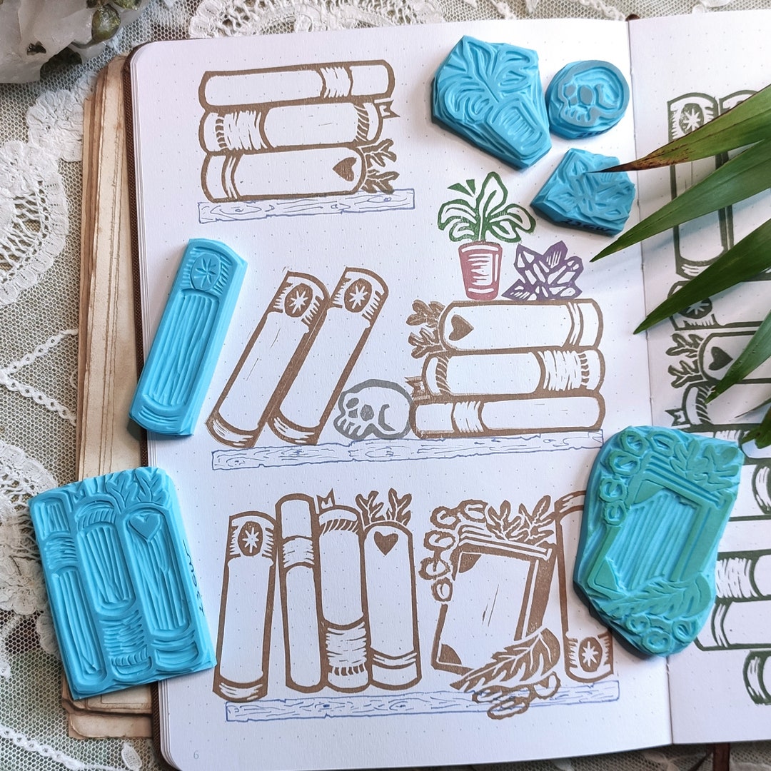 Reading Journal - Books Stamps Bundle. Linocut Handmade Engraving ...