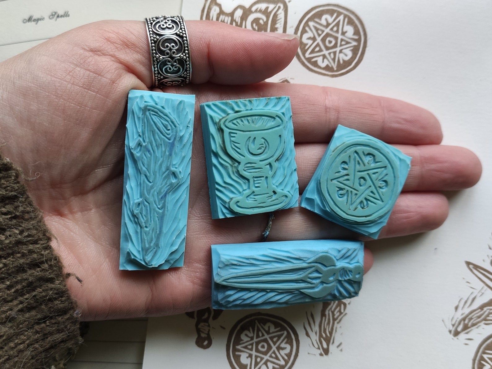 4 Stamps Bundle Tarot Handmade Linocut Cabinet of Curiosity Ink Stamp ...