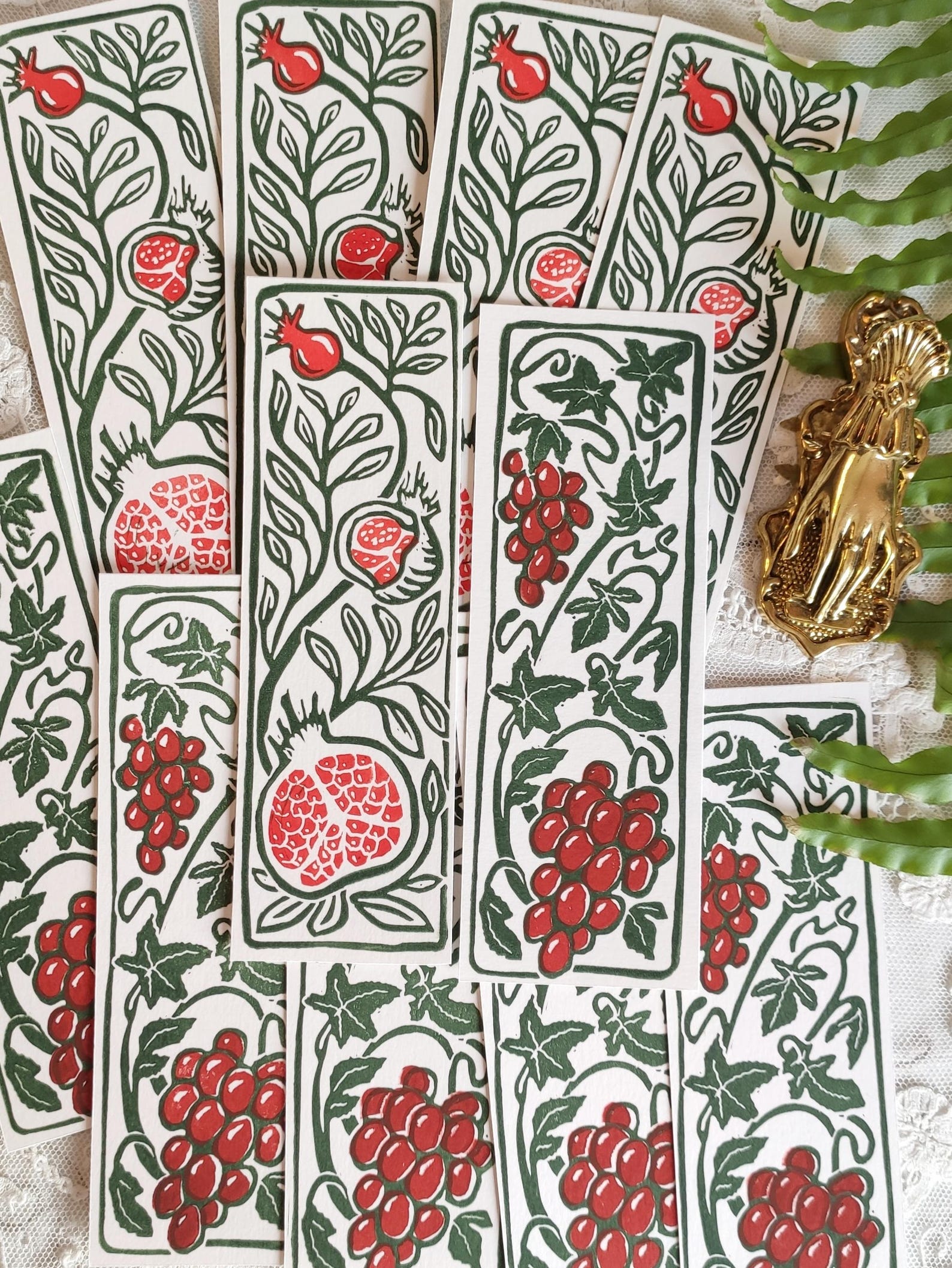 2x Bookmarks "pomegranate and Grapes" Linocut Floral Print William ...
