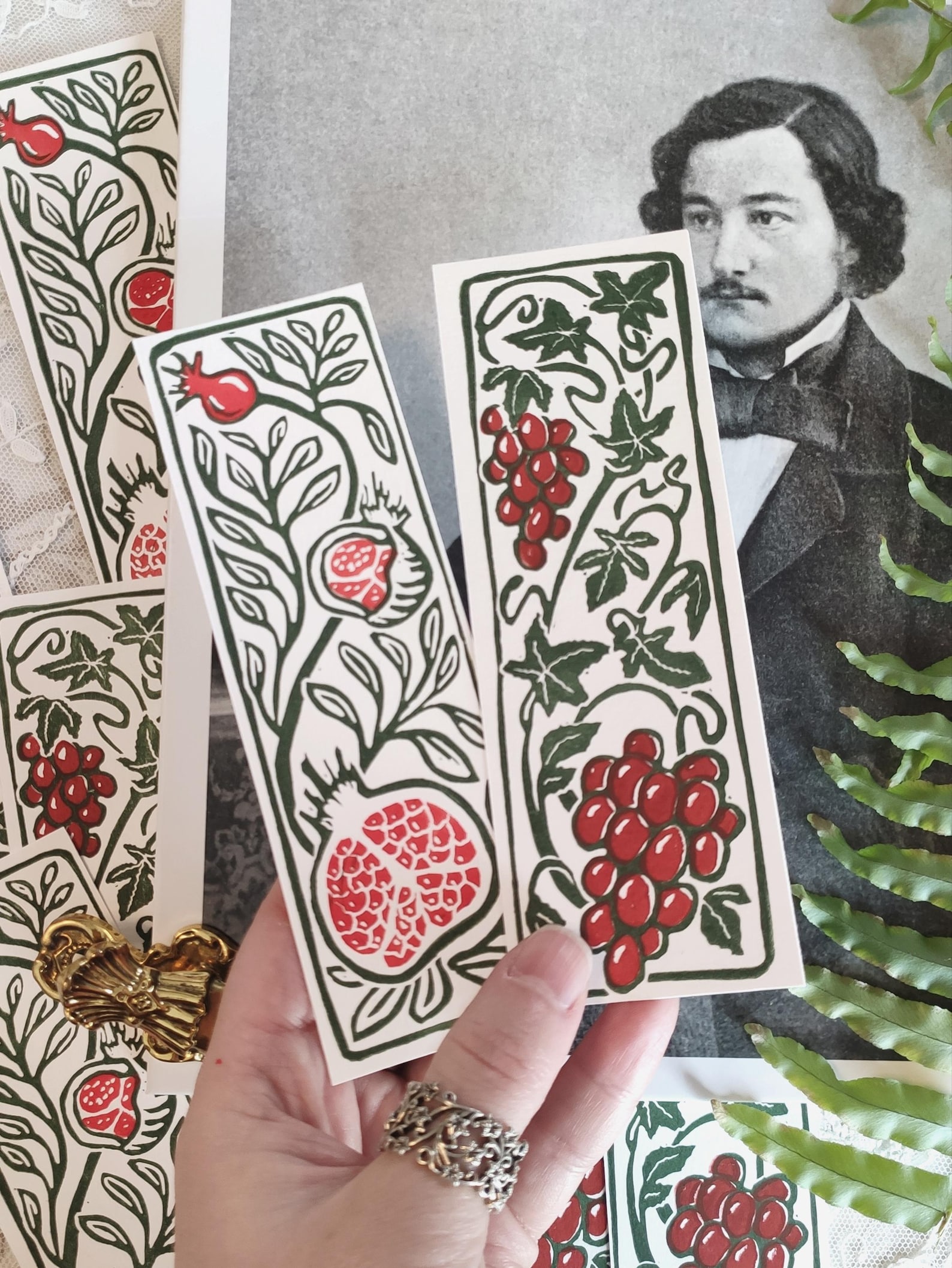 2x Bookmarks "pomegranate and Grapes" Linocut Floral Print William ...
