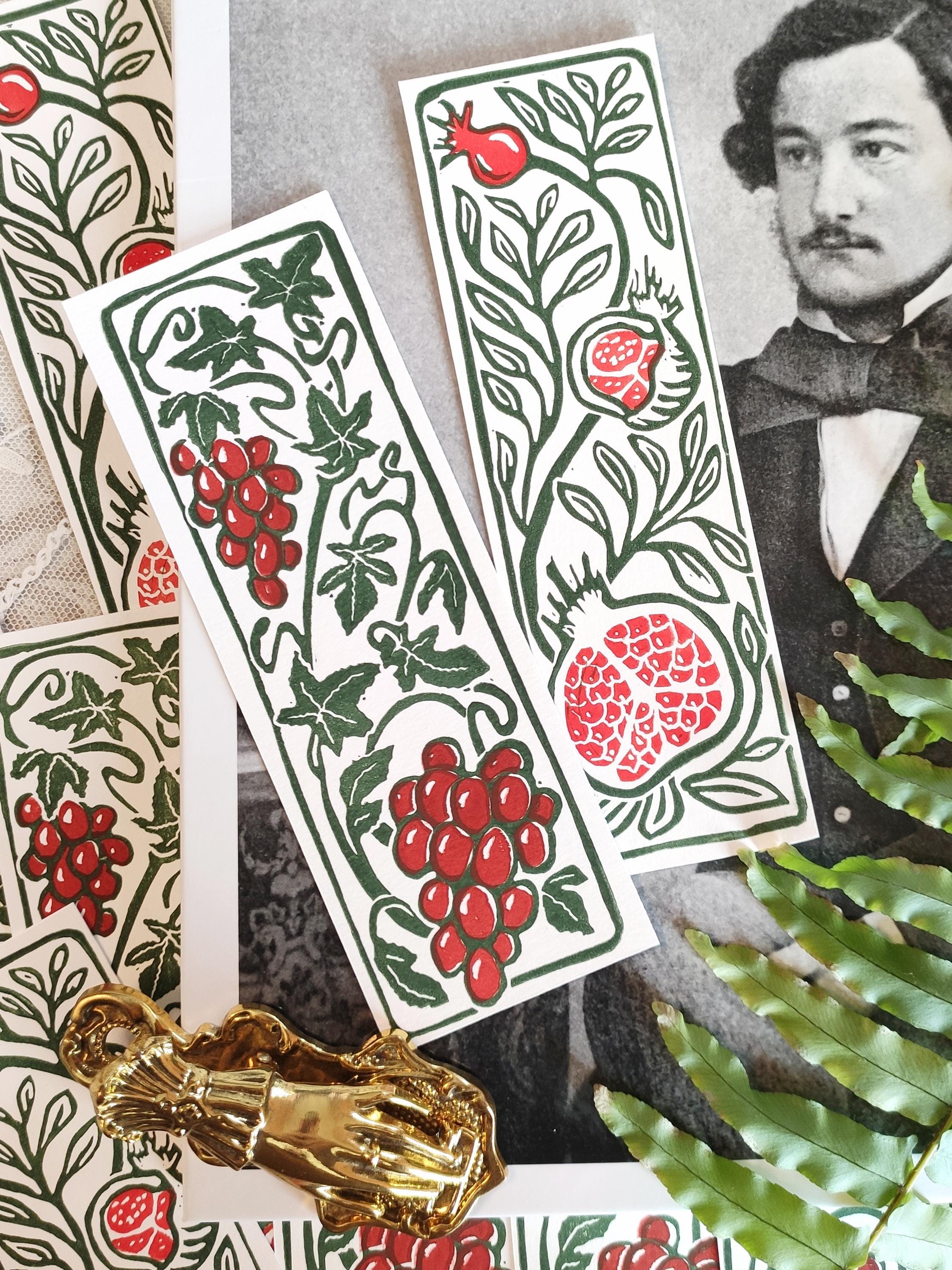 2x Bookmarks "pomegranate and Grapes" Linocut Floral Print William ...