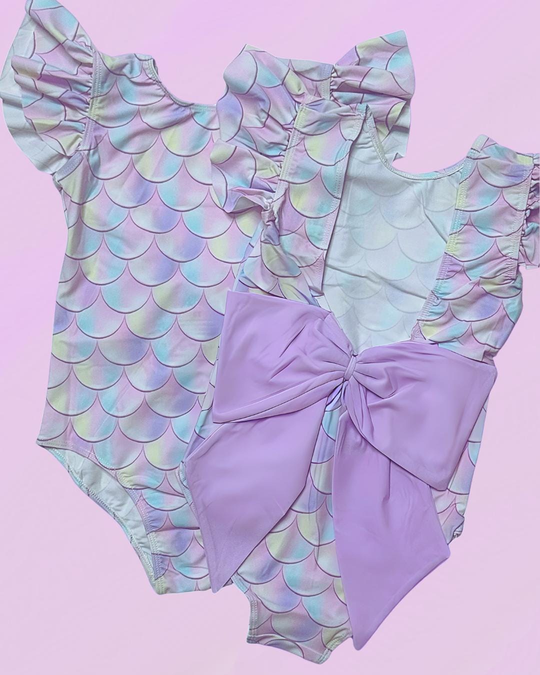 Mermaid Scales Girls Swimsuit With Lilac Bow | Toddler Ruffle Sleeve ...