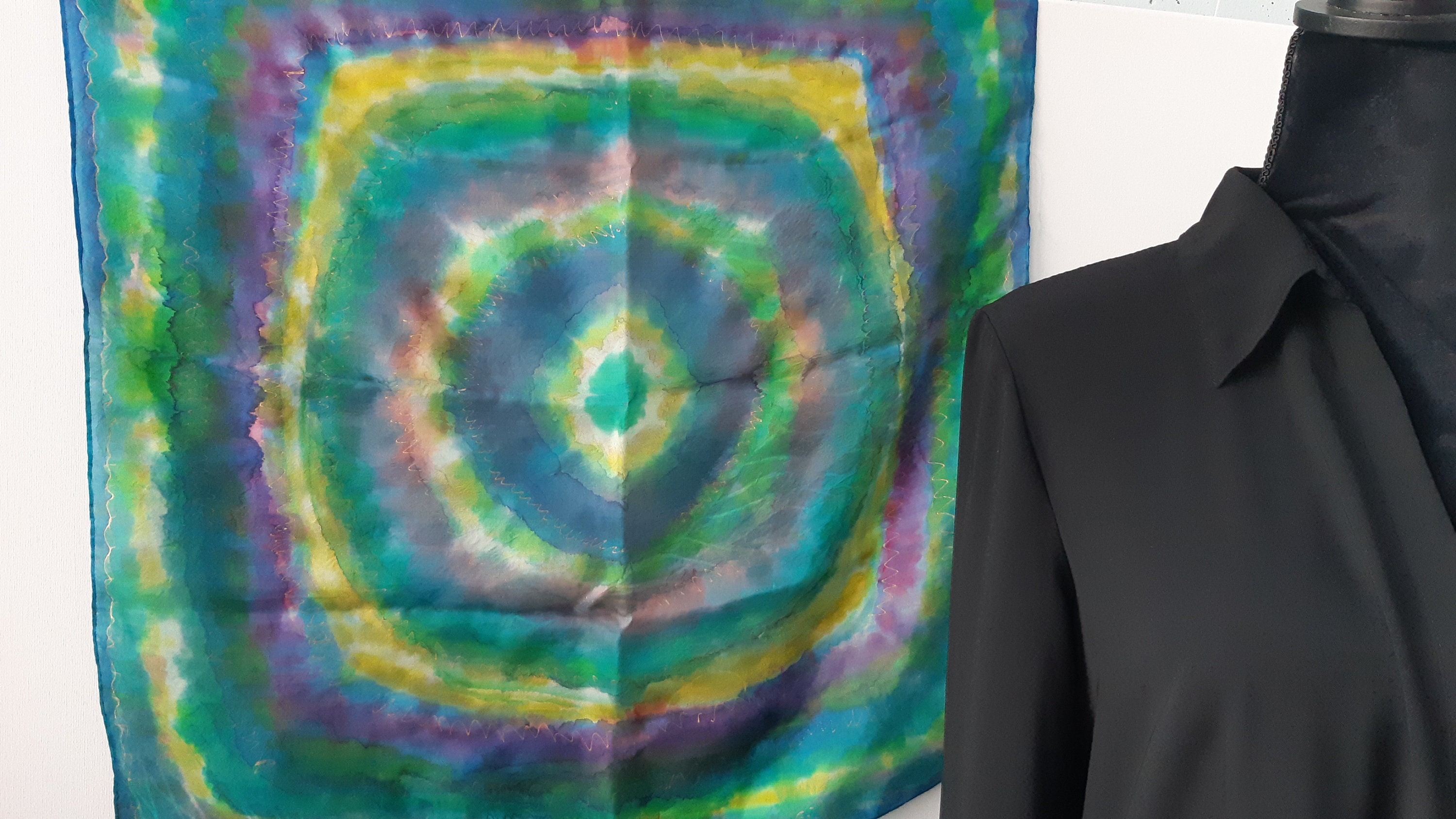 Hand Painted Silk Scarf, Mandala, Green, Blue, Yellow 26x 26. Small ...