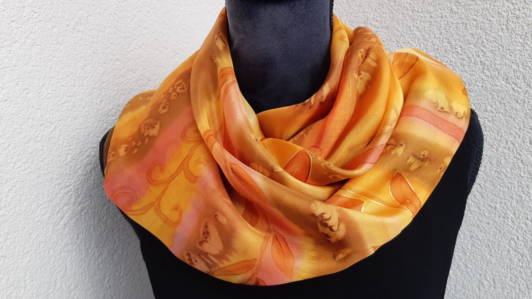 Orange and Brown Hand Painted Square Silk Scarf. Burnt Orange, Caramel ...