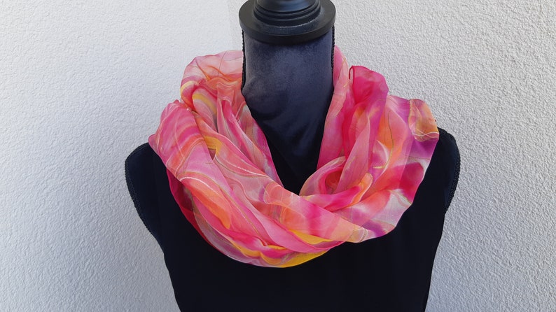 Pink Flowers Silk Chiffon Scarf for Ladies. Hand Painted Pink, Coral ...