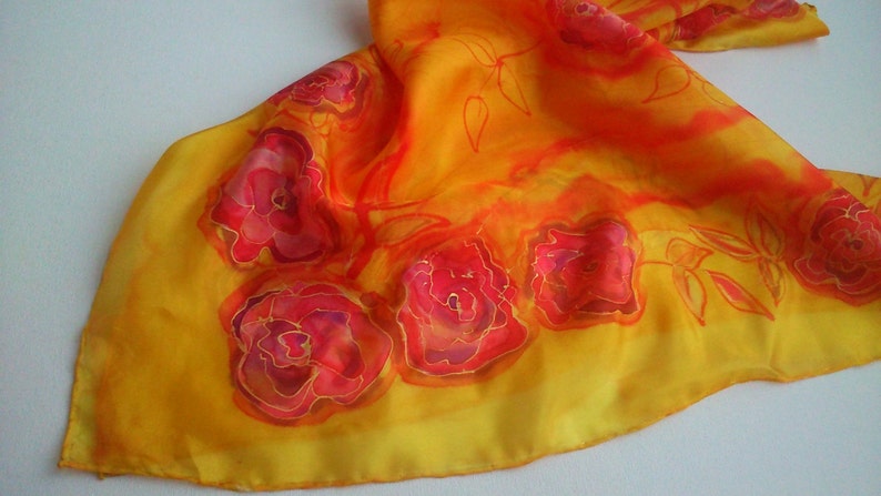 Roses Silk Scarf Hand Painted. Red Roses Goldenrod, Orange. Hair ...