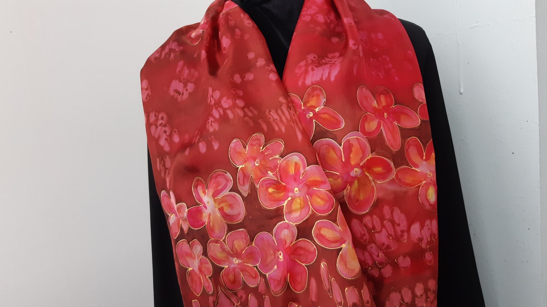 Red Hand Painted Silk Scarf for Ladies. Red, Plum, Burgundy. 14 X 51 in ...