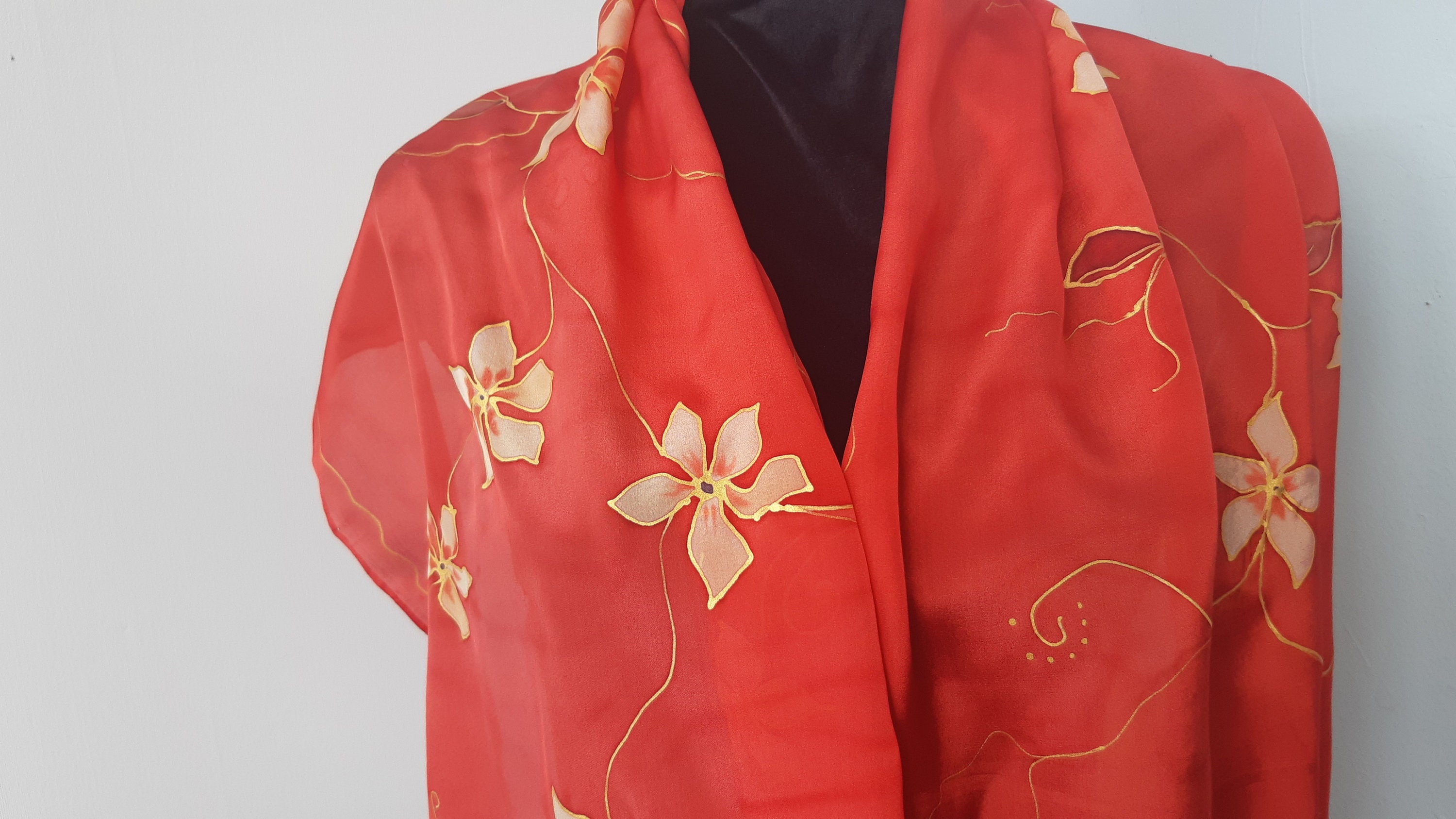 Hand Painted Red Silk Scarf 18x71 In. Long Designer Shawl. - Etsy
