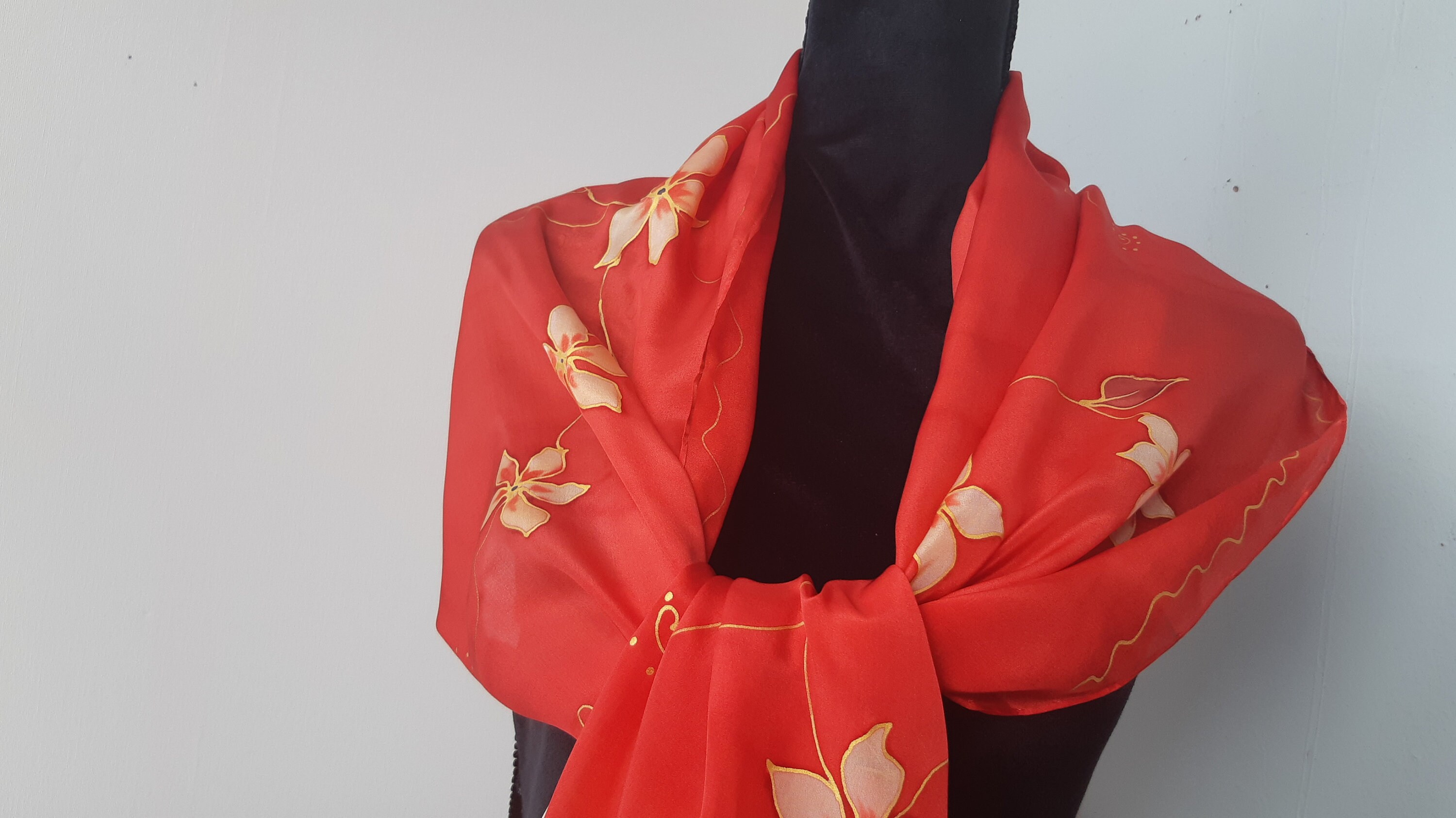 Hand Painted Red Silk Scarf 18x71 In. Long Designer Shawl. - Etsy