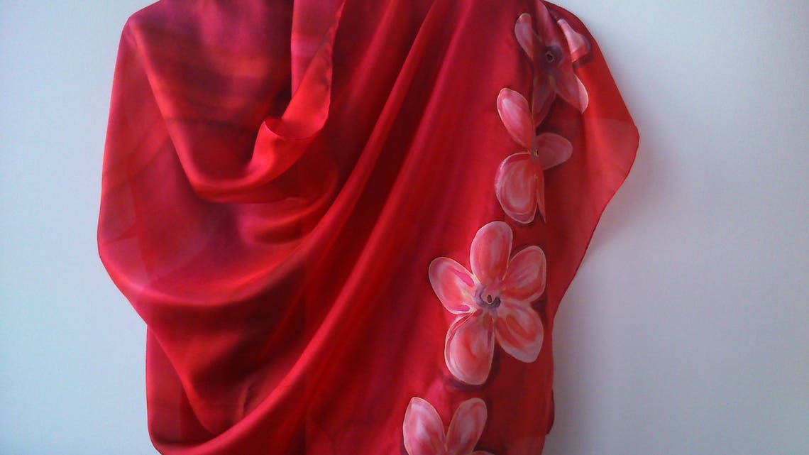 Red Extra Large Silk Scarf, Cherry Blossom Silk Shawl. Hand Painted 100 ...