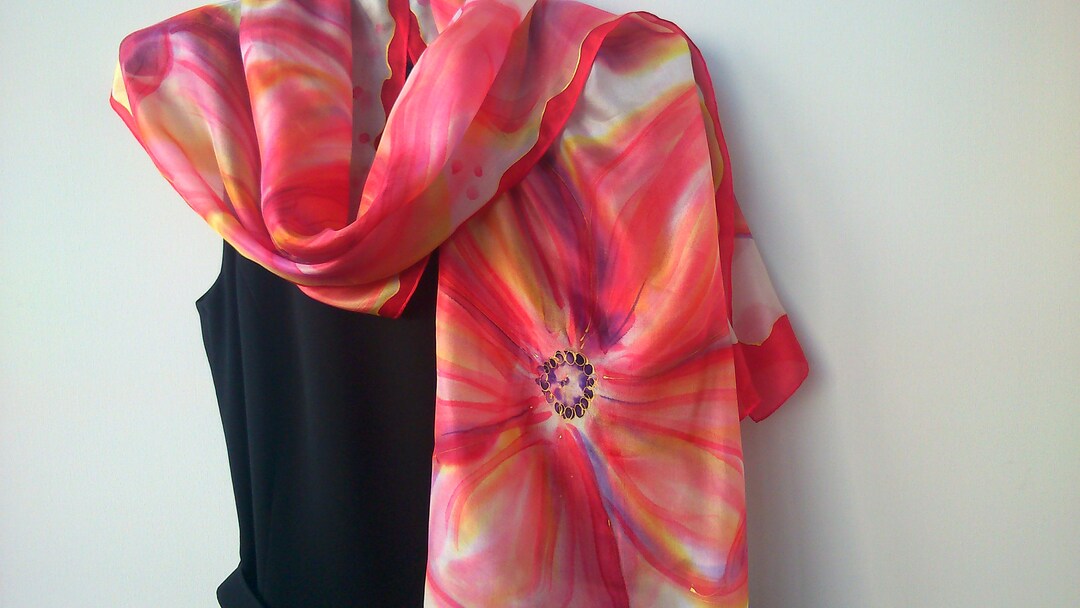 Red Floral Hand Painted Long Silk Scarf for Ladies. Red Flowers. 18x71 ...