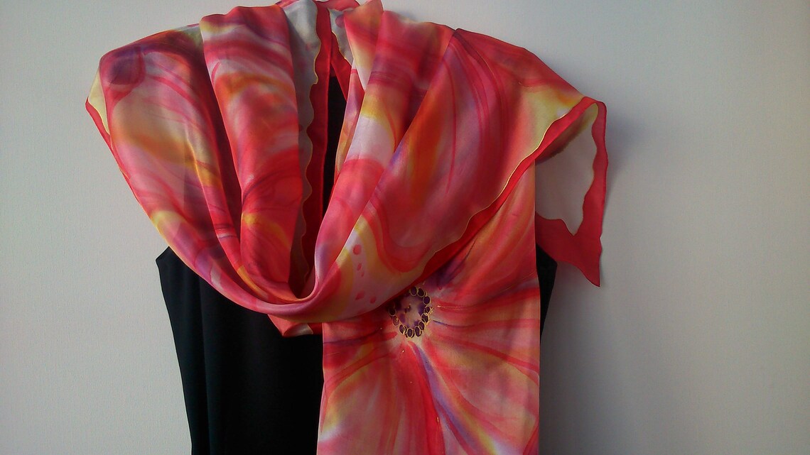 Red Floral Hand Painted Long Silk Scarf for Ladies. Red Flowers. 18x71 ...