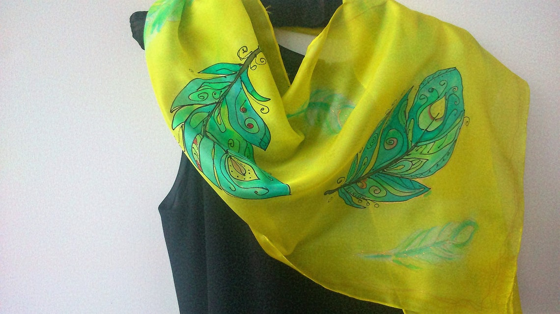 Yellow Silk Scarf for Ladies. Original Hand Painted Peacock Feather ...