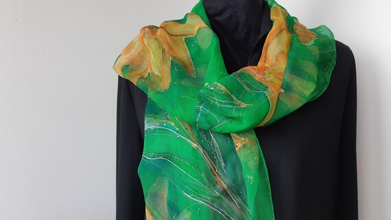 Green and Yellow Chiffon Scarf for Ladies. Sheer Hand Painted | Etsy