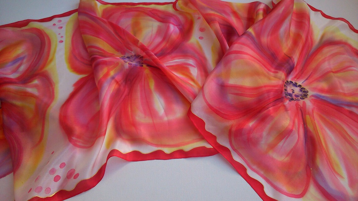 Red Floral Hand Painted Long Silk Scarf for Ladies. Red Flowers. 18x71 ...