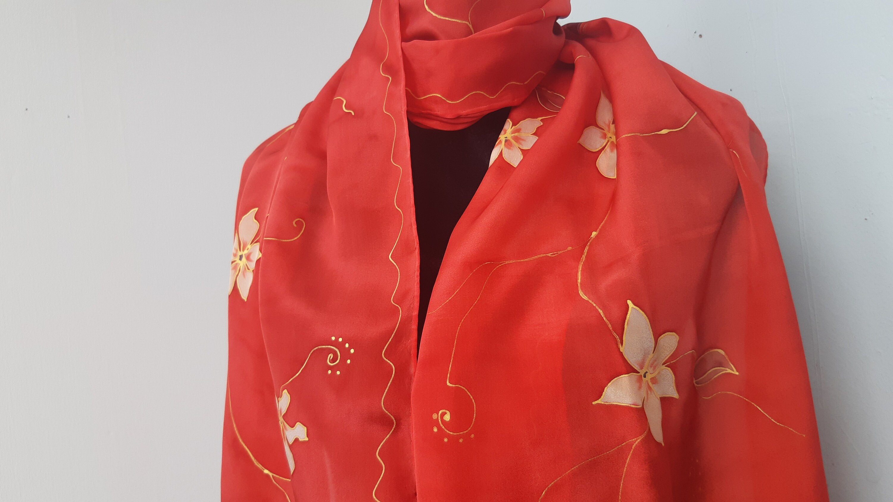 Hand Painted Red Silk Scarf 18x71 In. Long Designer Shawl. - Etsy