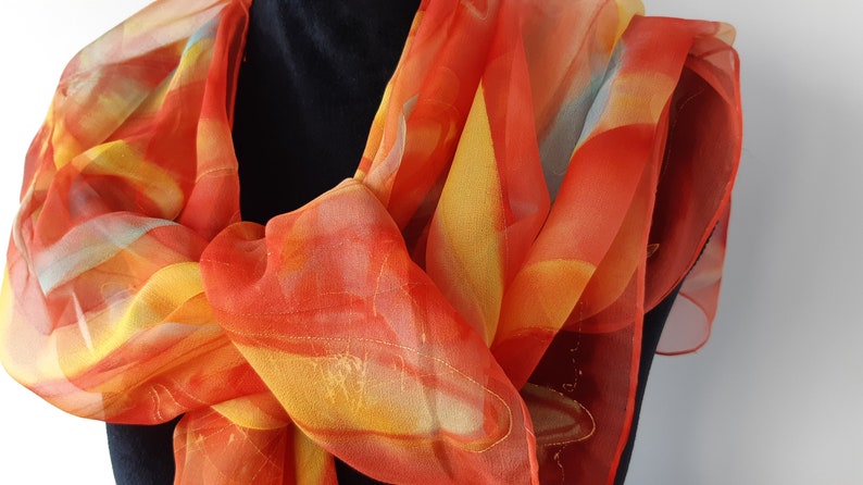 Red Hand Painted Chiffon Scarf for Ladies. Ray of Sunshine Abstract ...