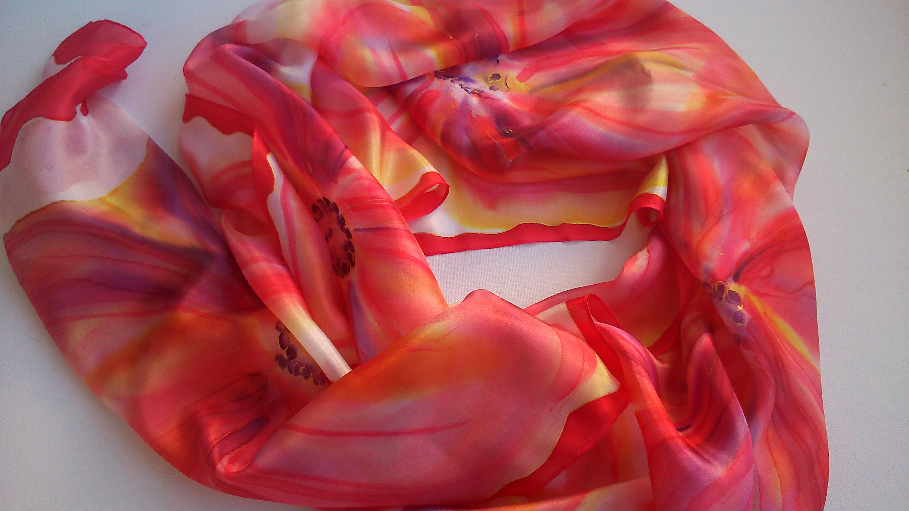 Red Floral Hand Painted Long Silk Scarf for Ladies. Red Flowers. 18x71 ...