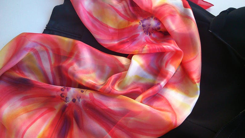 Red Floral Hand Painted Long Silk Scarf for Ladies. Red Flowers. 18x71 ...