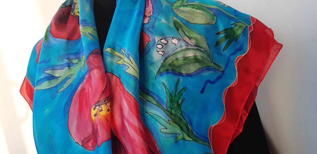 Blue Hand Painted Floral Square Scarf for Ladies. Poppies - Etsy