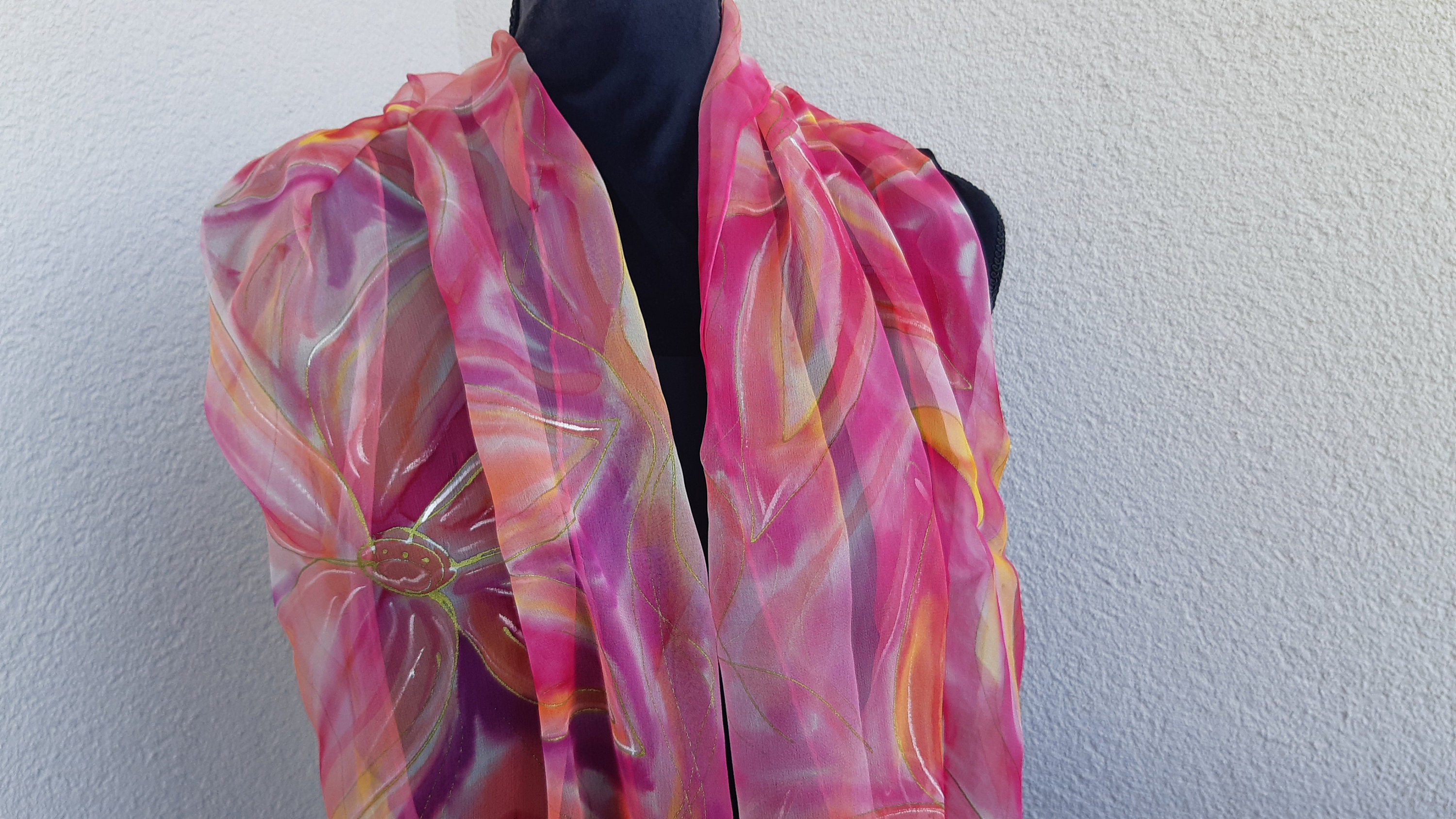 Pink Flowers Silk Chiffon Scarf for Ladies. Hand Painted Pink, Coral ...