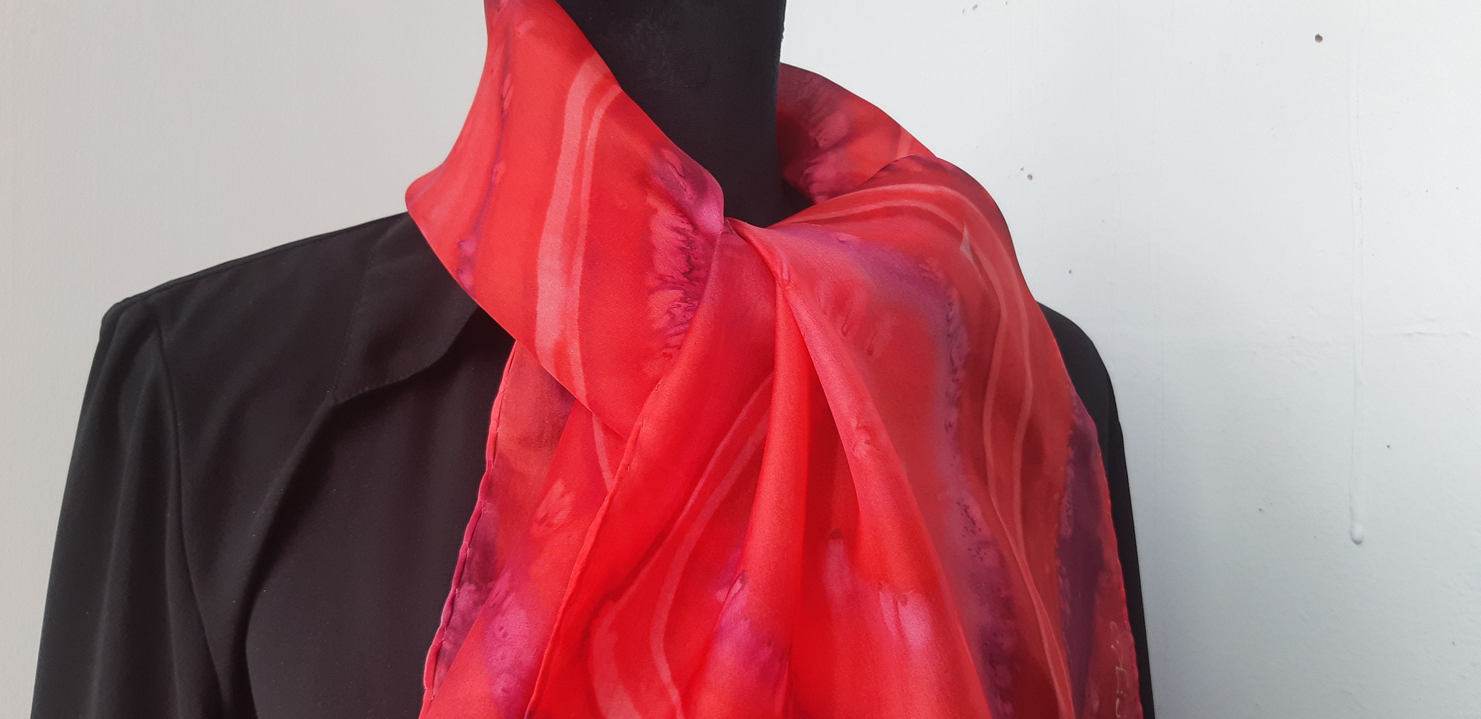 Red Hand Painted Silk Scarf for Ladies. Red, Plum, Burgundy. 14 X 51 in ...