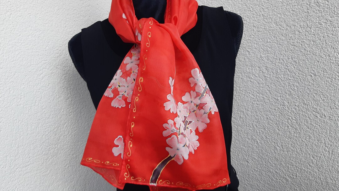 Cherry Blossom Hand Painted Silk Scarf for Ladies. Red and Pink Sakura ...