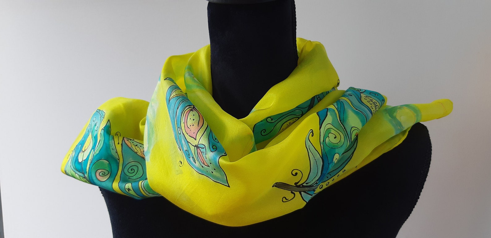 Yellow Silk Scarf for Ladies. Original Hand Painted Peacock Feather ...