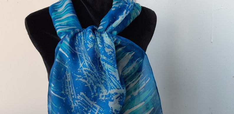 Hot Batik Art Scarf Blue Hand Painted Silk Scarf. Wax Batik Cyan ...