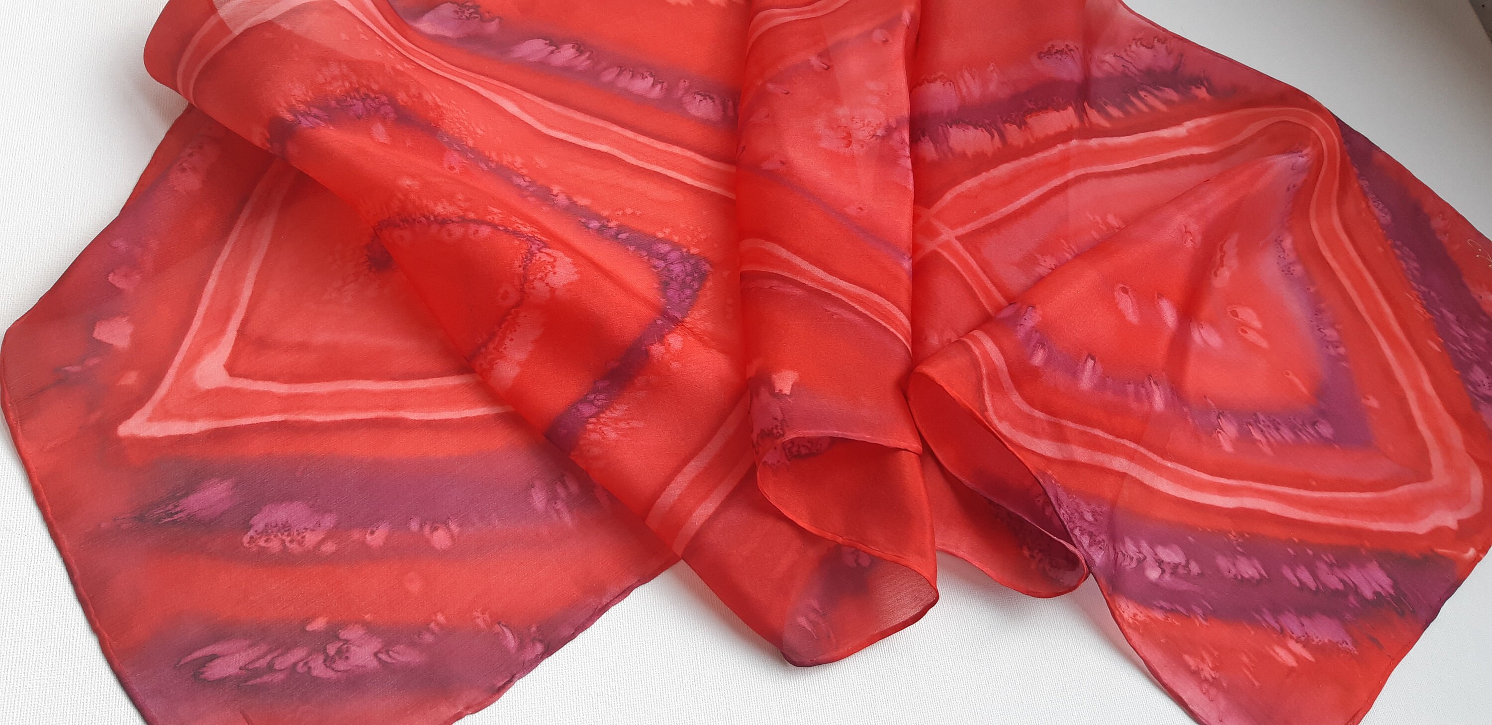 Red Hand Painted Silk Scarf for Ladies. Red, Plum, Burgundy. 14 X 51 in ...