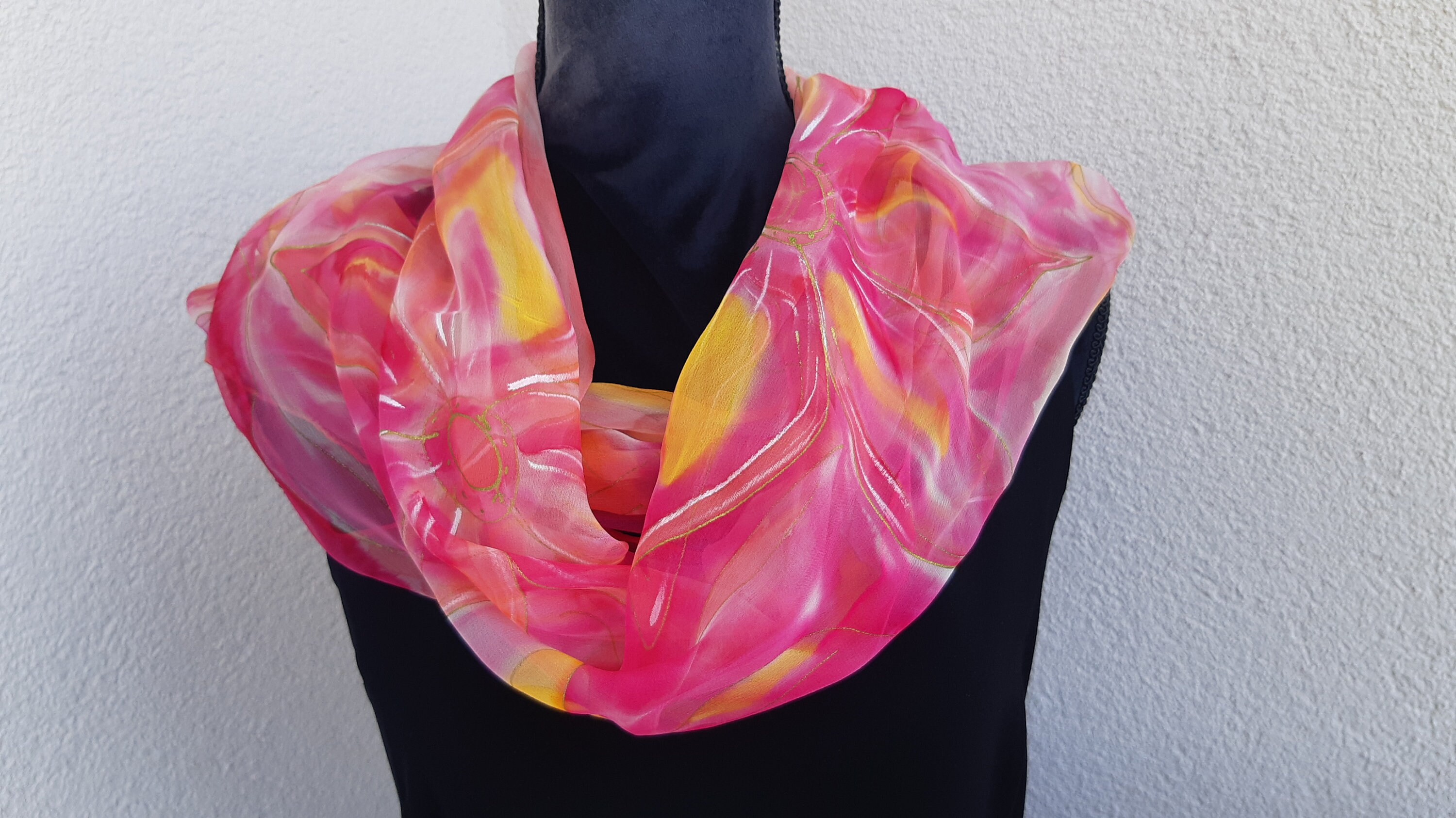 Pink Flowers Silk Chiffon Scarf for Ladies. Hand Painted Pink, Coral ...