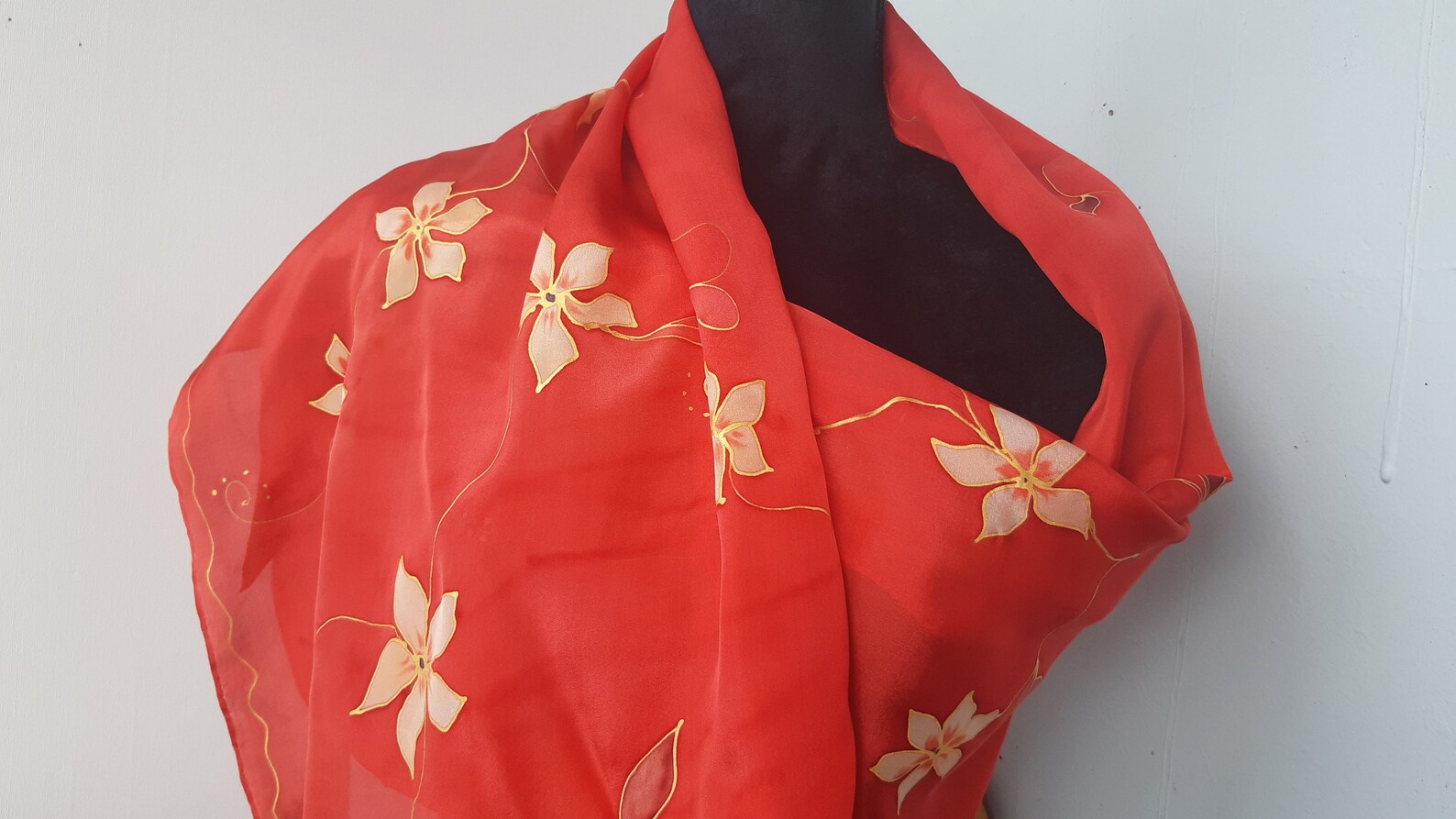 Hand Painted Red Silk Scarf 18x71 In. Long Designer Shawl. - Etsy