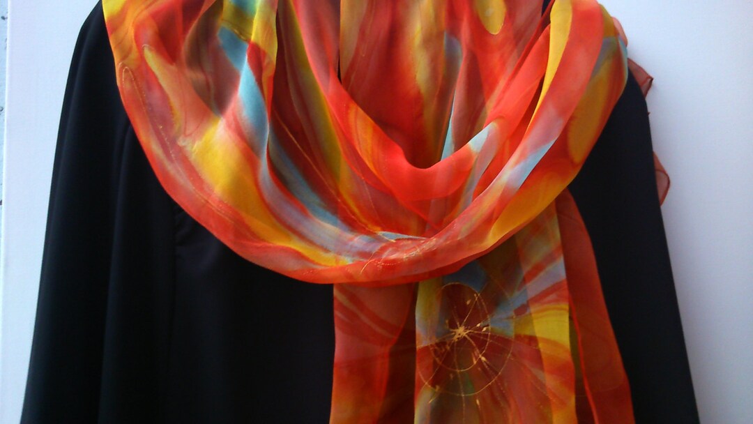 Red Hand Painted Chiffon Scarf for Ladies. Ray of Sunshine Abstract ...