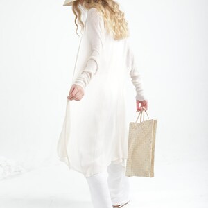 White Long-line Hand Knit Cardigan, Long Sleeve Light Cardigan, Organic ...