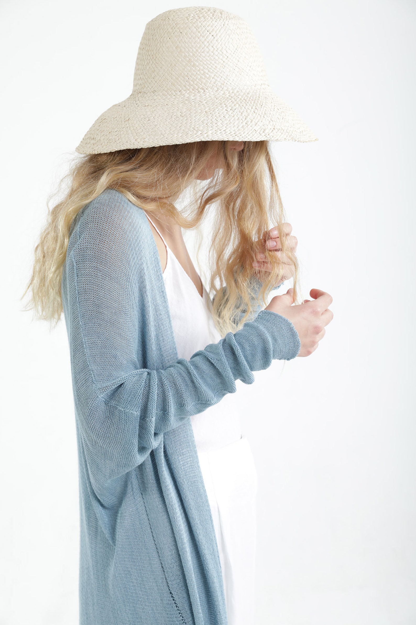 Light Sky Blue Bamboo Cardigan Hips Length, Hand-knit Light Summer ...