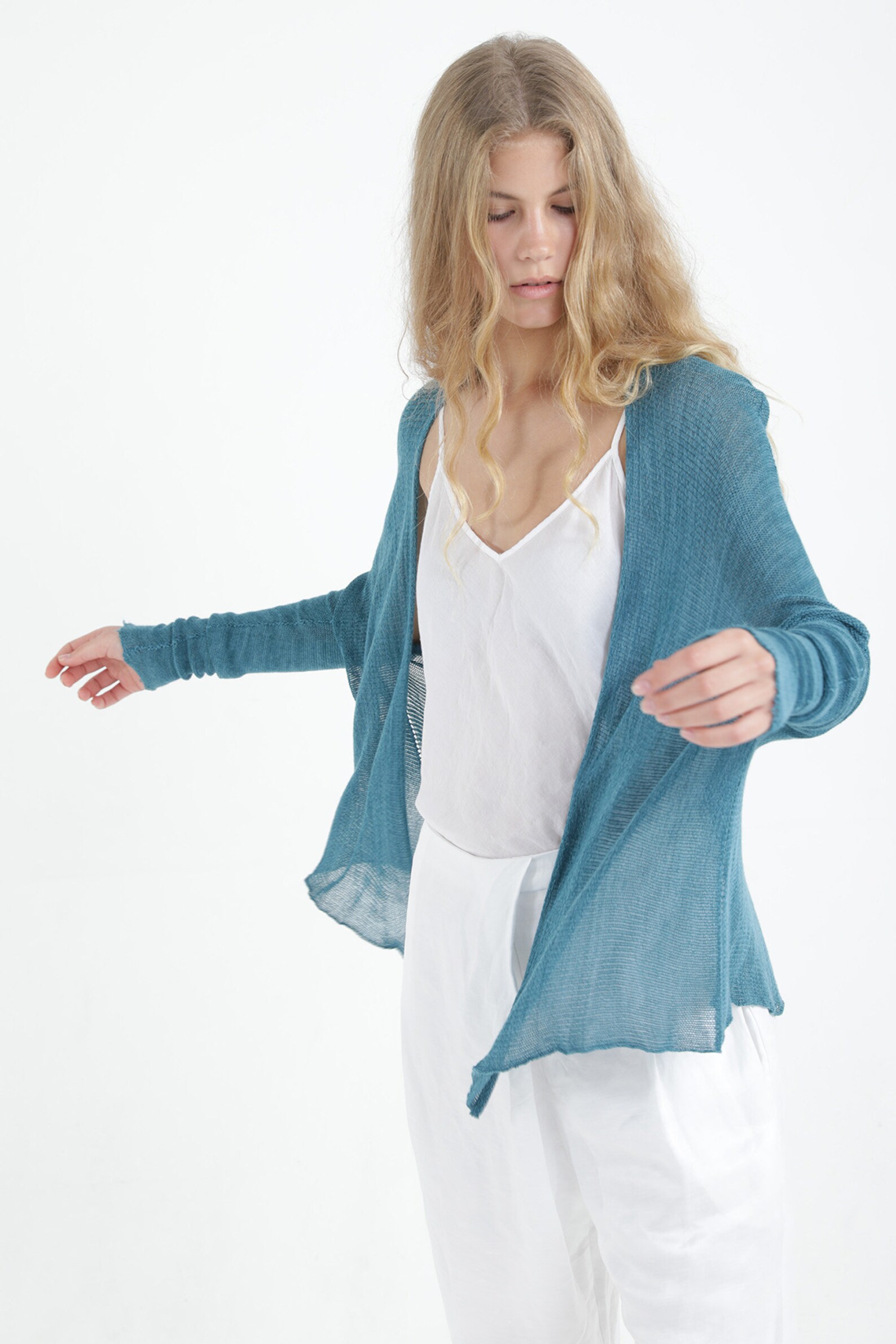 Women's Turquoise Knit Cardigan, Long Sleeve Short Cardigan ...