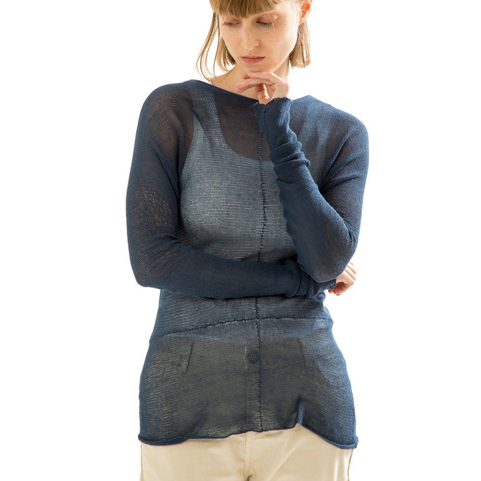 Dark Blue Sheer Hand Knit Sweater Delicate Knitting Soft - Etsy