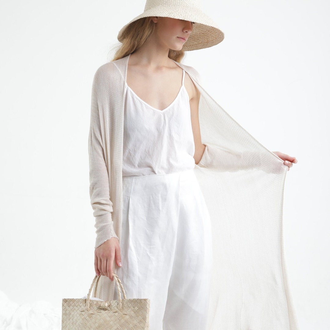 White Long-line Hand Knit Cardigan, Long Sleeve Light Cardigan, Organic ...