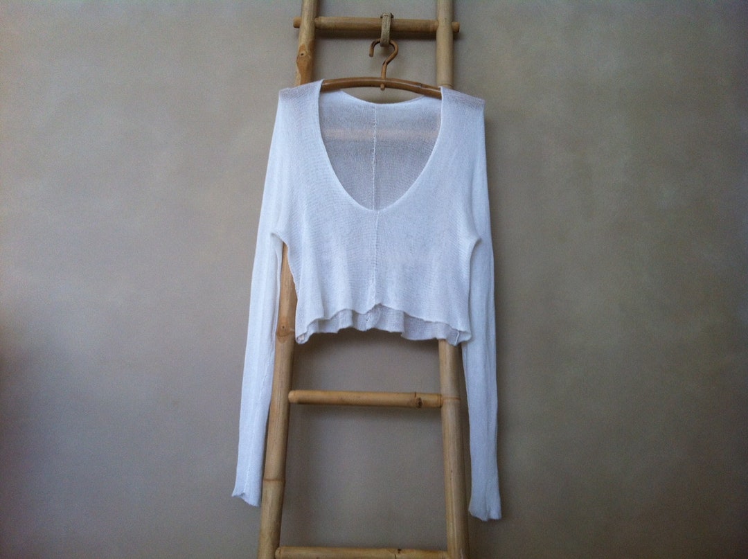 Sheer White Knitted Cropped Top, Soft Light Hand Knitted Organic Bamboo ...
