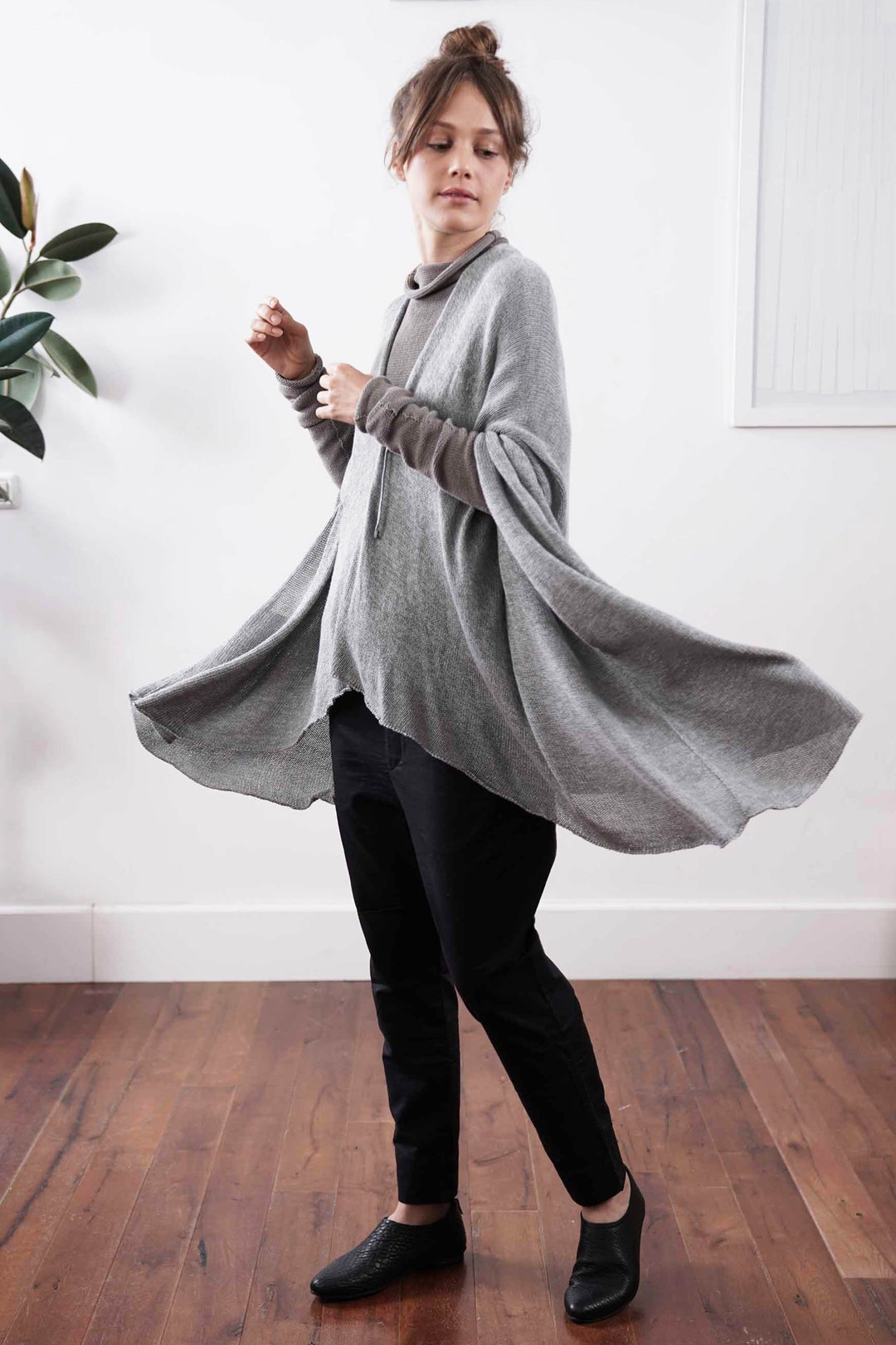 Women Open Front Poncho Wrap, Modern Stylish Wrap Knit, Gray Knitted ...