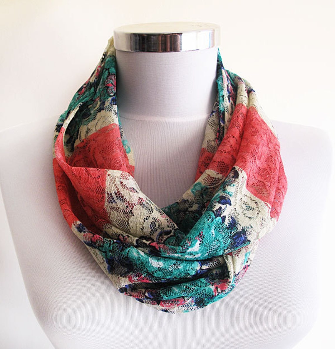 Lace Aztec Print Scarf Green Peach Infinity Scarf Fashion - Etsy