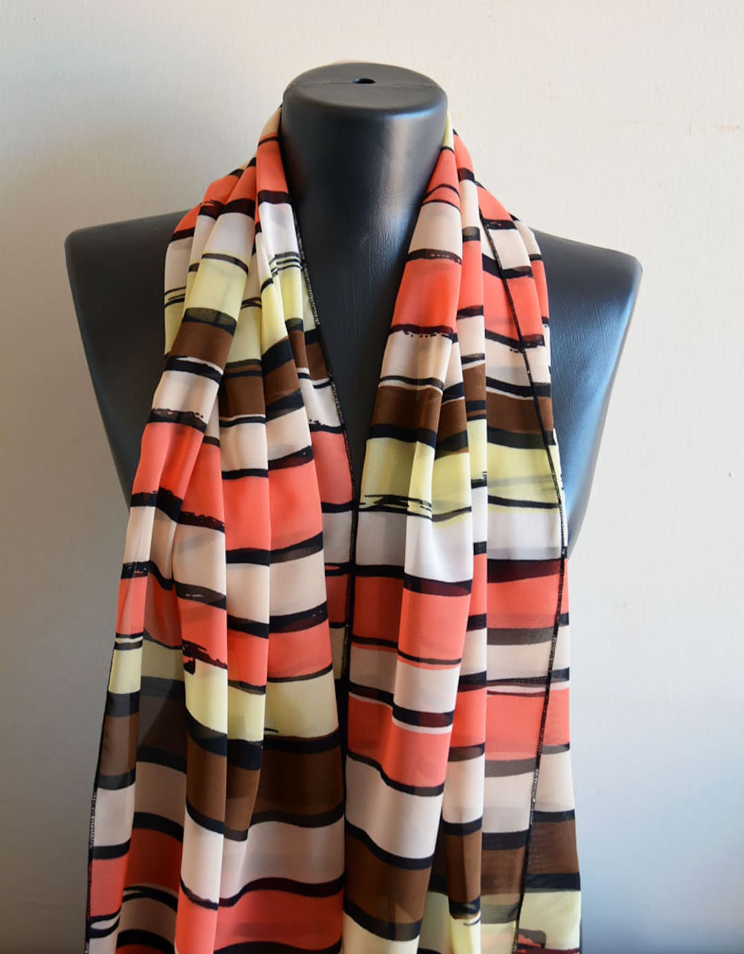 Silk Scarf, Rectangular Neck Scarf, Women , Long Scarf, Stripe Print ...