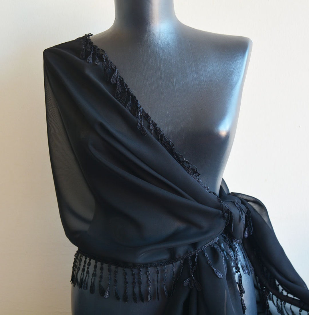 Black Chiffon Shawl, Chiffon Shoulder Wrap, Prom Shawl, Fringed Chiffon ...