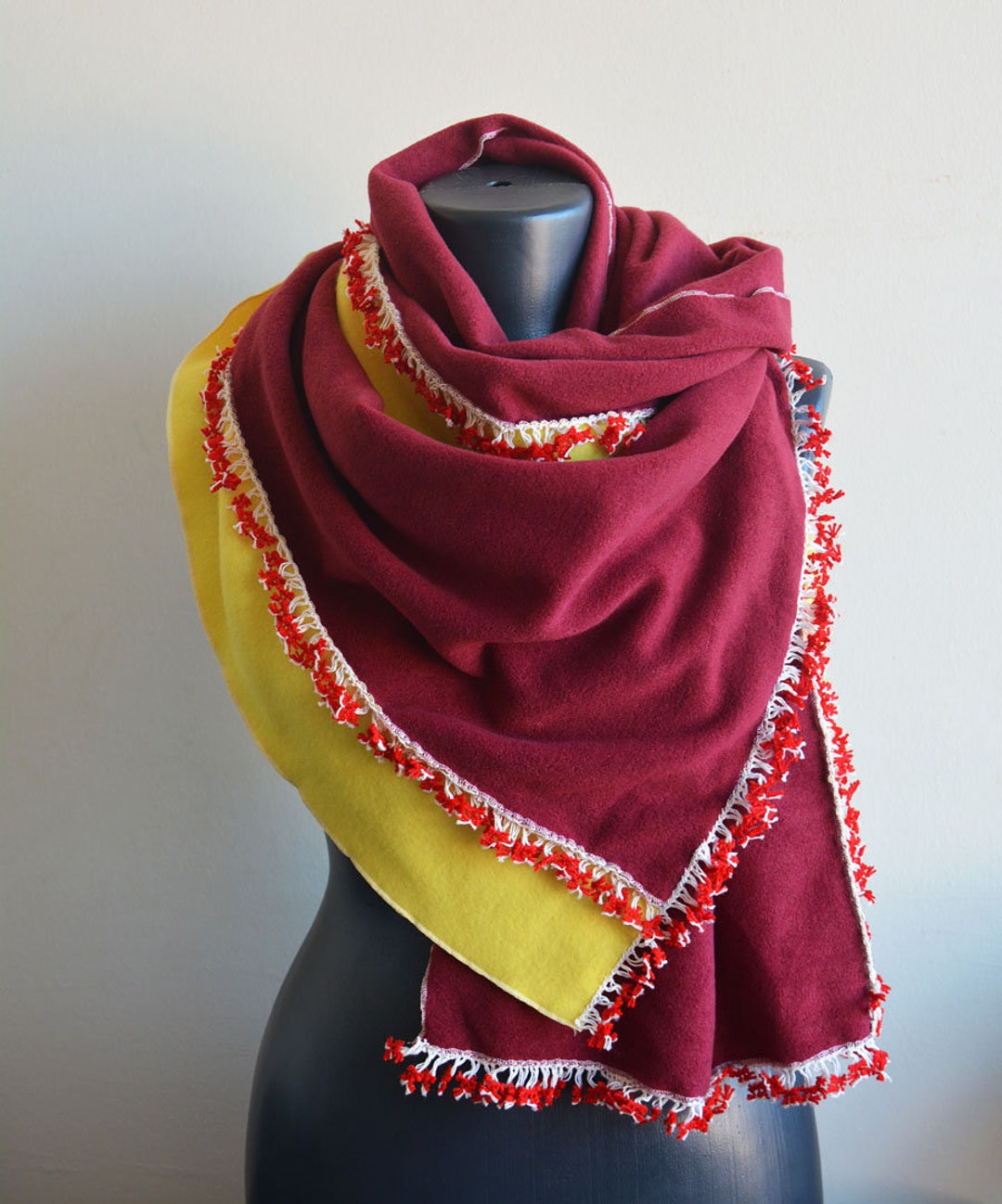 Soft Winter Scarf, for Women, Burgundy and Yellow Fleece, Oversized ...