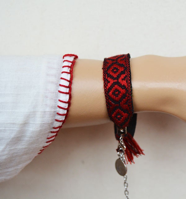 Aztec Hippie Boho Wrap Bracelet, Gypsy Bracelet, Orange and Black Tassels Authentic Bracalet ...