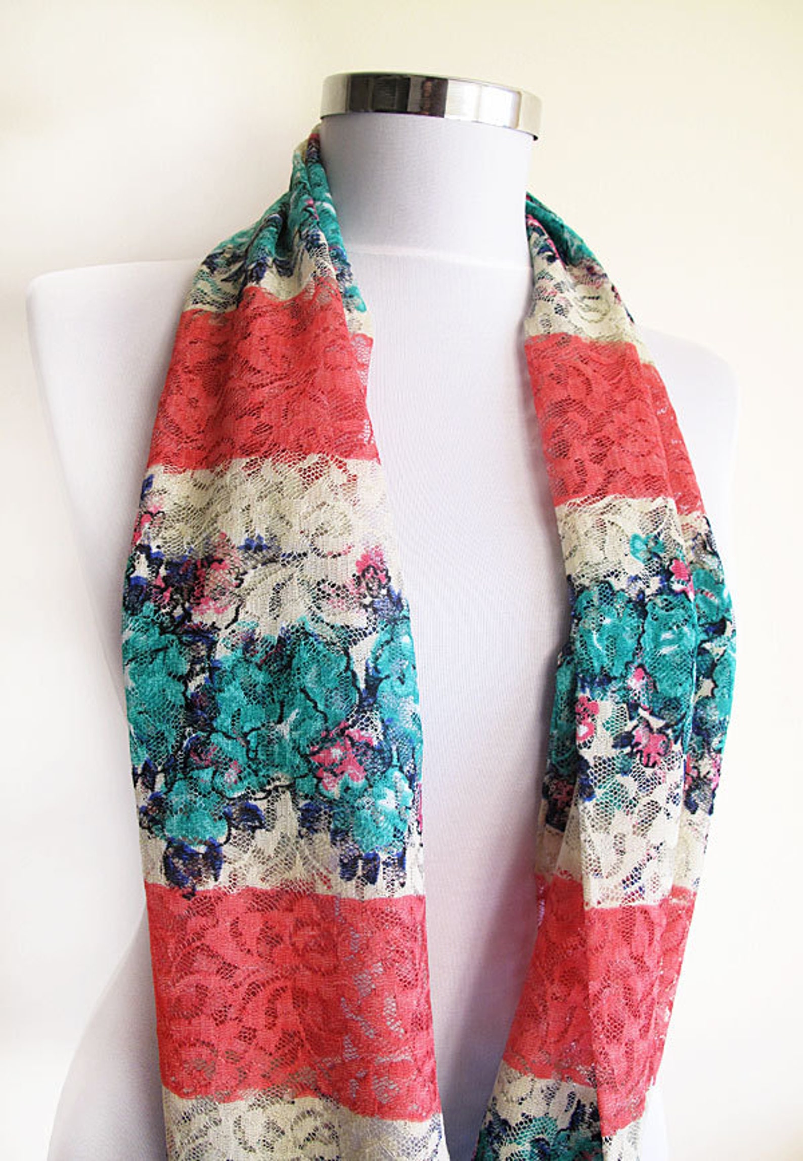 Lace Aztec Print Scarf Green Peach Infinity Scarf Fashion - Etsy