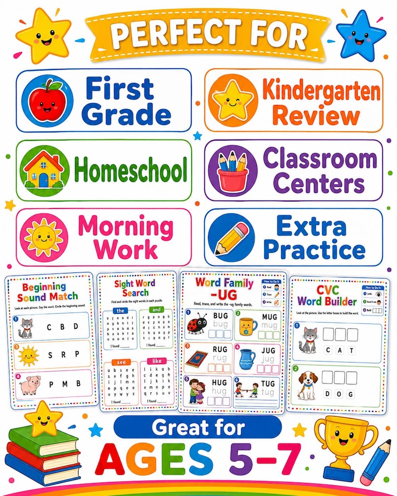 Kids Phonics Worksheets, CVC Words, First Grade Reading, Sight Words ...
