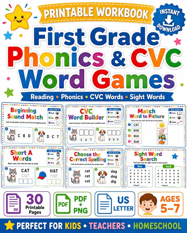 Kids Phonics Worksheets, CVC Words, First Grade Reading, Sight Words ...
